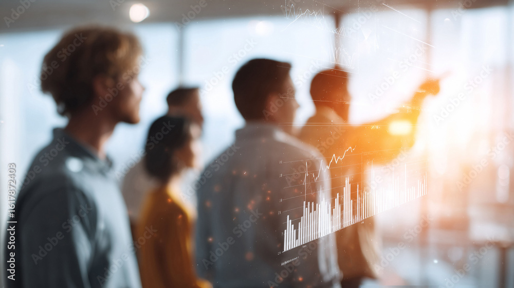 A diverse team looks toward a leader pointing at data visualizations ...