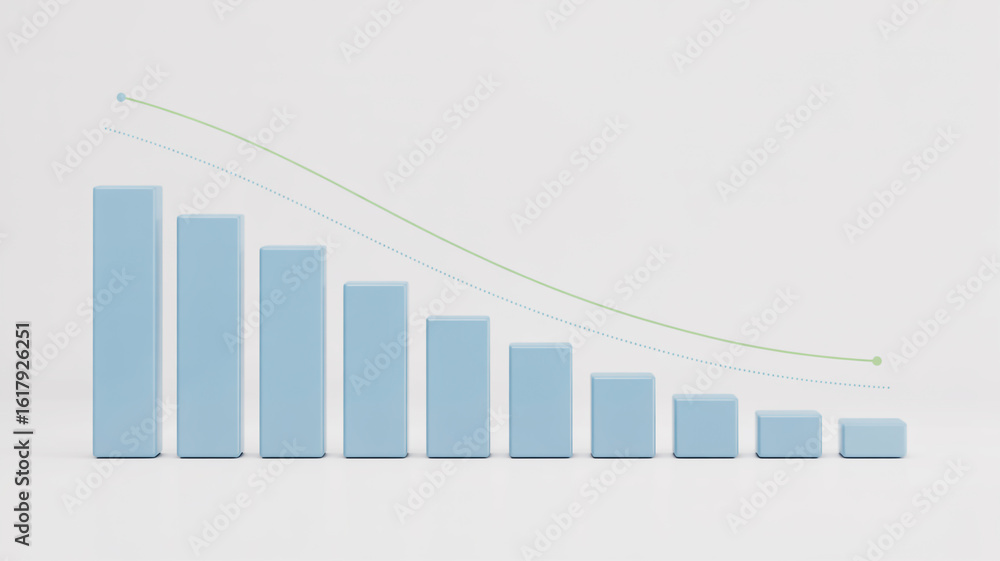 Blue bar chart showing a downward trend with a dashed line graph Stock ...