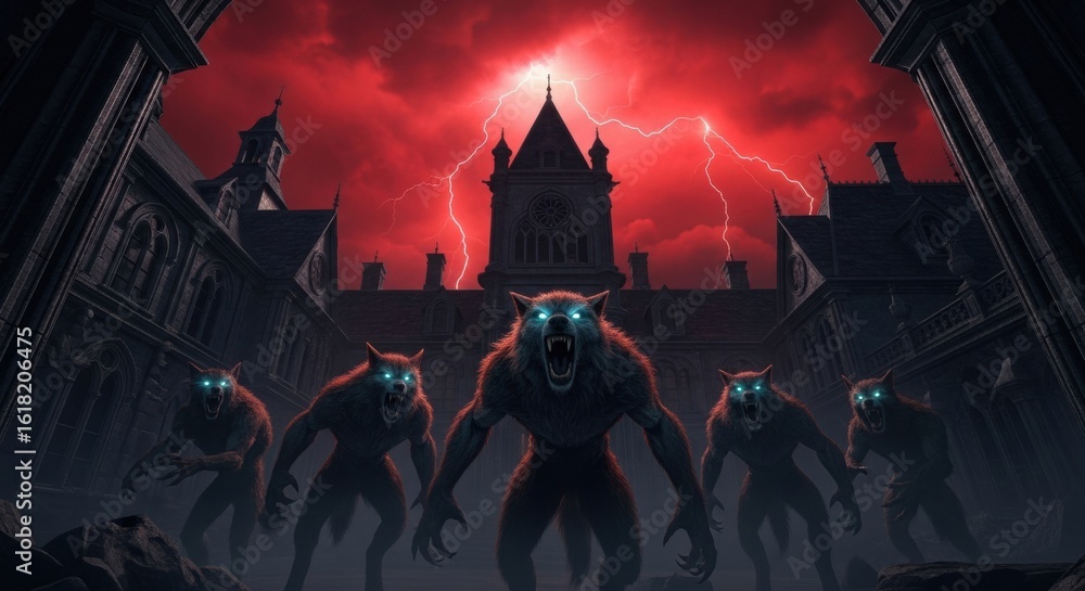 Werewolf pack approaching a haunted gothic building beneath a stormy ...