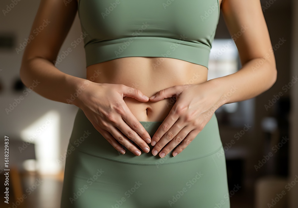 Woman in activewear making a heart shape on her belly, symbolizing gut ...