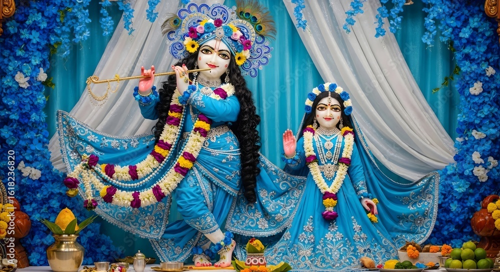 Beautiful krishna radha deities in blue attire with flute and peacock ...