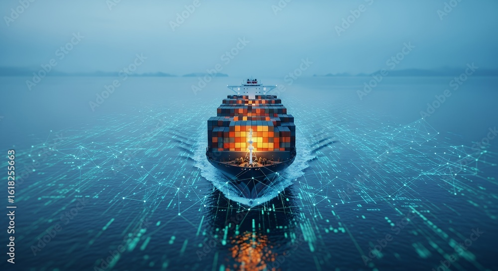 Cargo Ship with Digital Network Overlay in Open Ocean Stock Photo ...