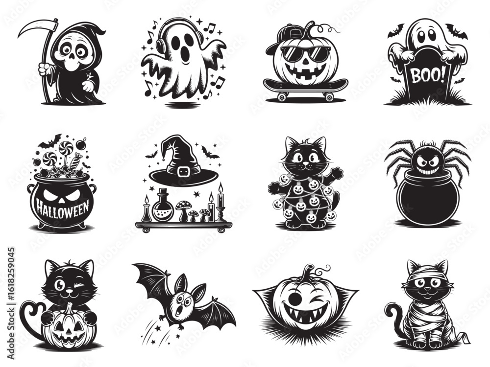 Cartoon Halloween icon set featuring spooky figures and creatures in ...