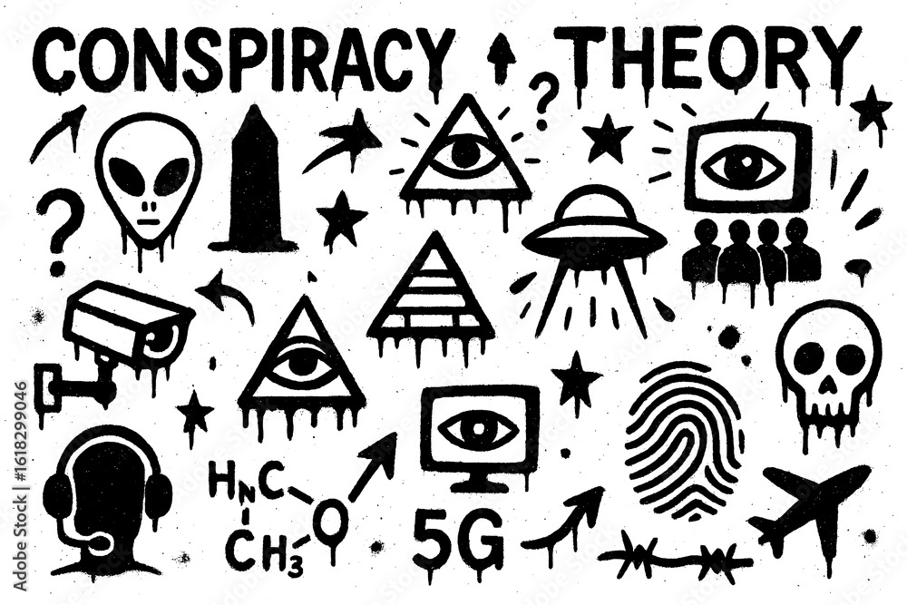 Conspiracy theory graffiti icons with aliens, pyramids, all-seeing eye ...