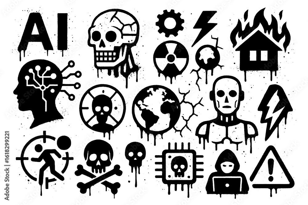 Apocalyptic AI and end of the world symbols with skulls, robots ...