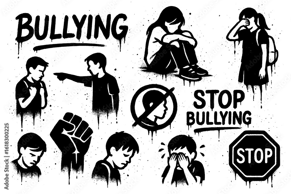 Ilustración de Stock Anti bullying icons with sad faces, stop signs ...