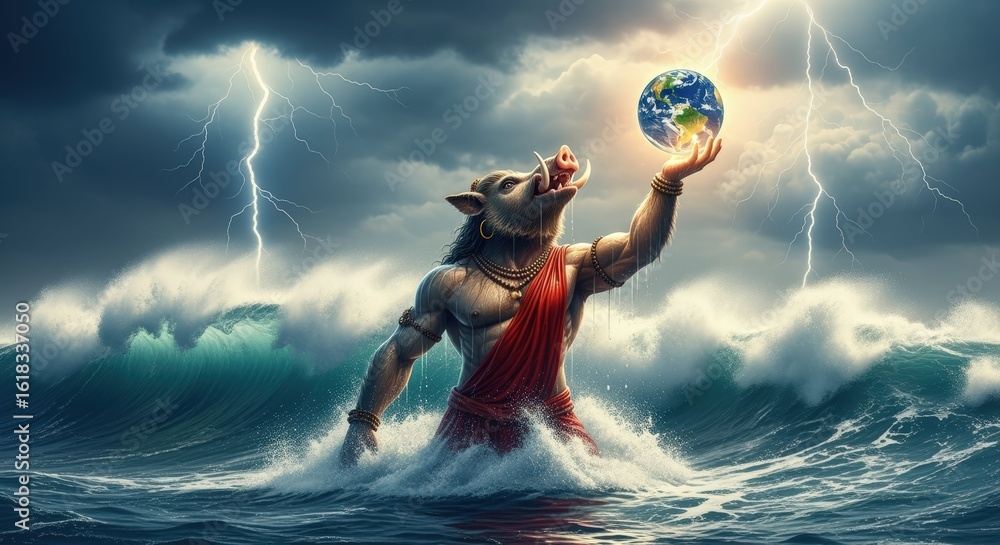 Varaha, the boar avatar of vishnu, rises from the stormy ocean holding ...