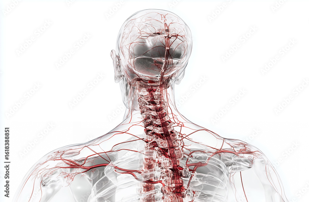 Back View Of Human Neck Spine And Blood Vessels In Transparent Medical ...