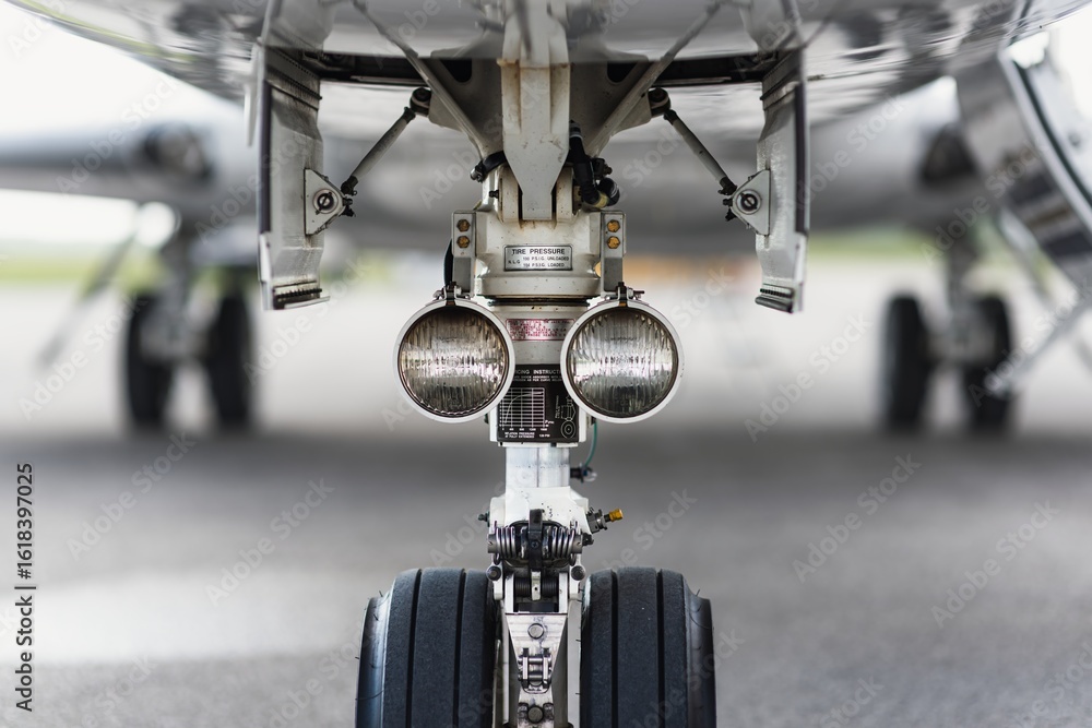 Landing gear of a twin-engine corporate jet, captured straight-on to ...
