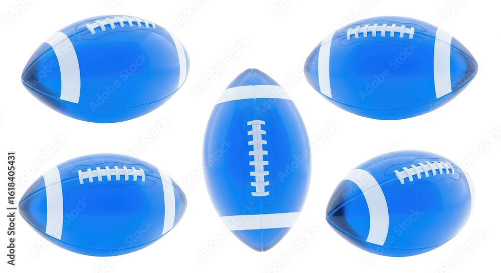 Blue footballs multiple angles studio setting plain white background ...