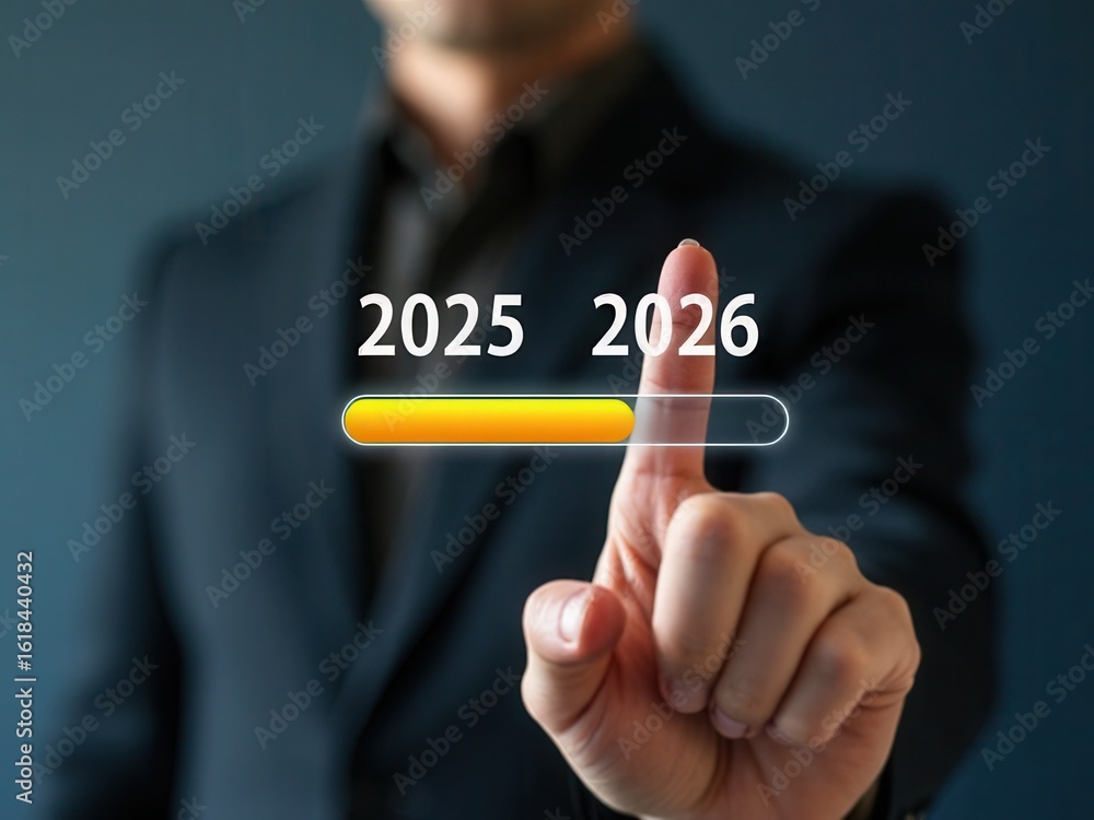 Progress and transition from 2025 to 2026 concept. A person pointing to ...