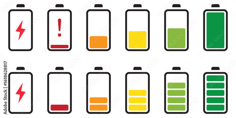 Battery symbols with fast charging, exclamation, low and full charge ...