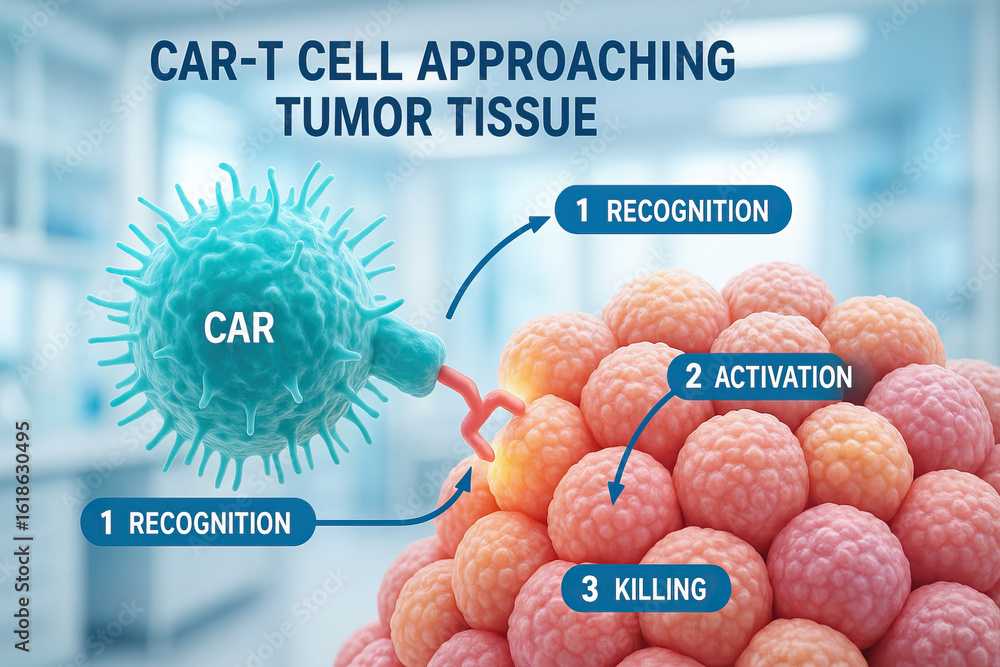 CAR T cell approaching tumor tissue with recognition activation and ...