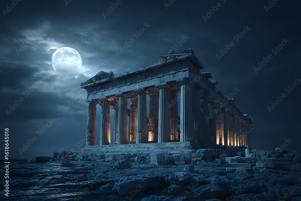 Foto de Stock Ancient Greek ruins in full moon, Athens at night, Greece ...
