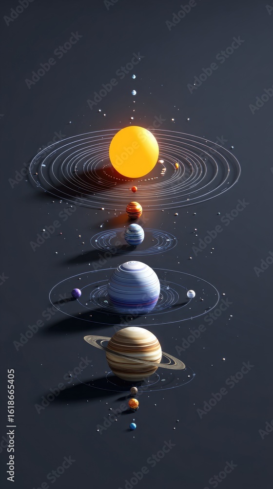 Stylized solar system depiction; sun and planets aligned vertically ...
