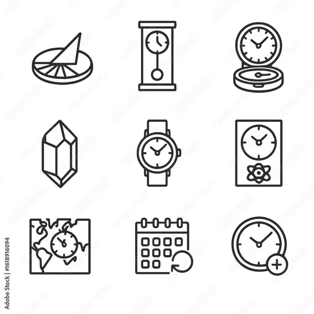 Stock-Vektorgrafik „History of Timekeeping. Outline icon set of ...