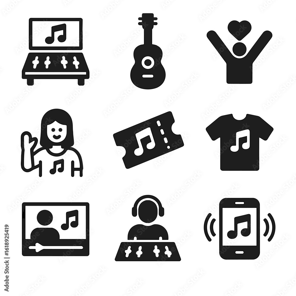Music Industry Icons. Solid, filled icon set of music industry ...