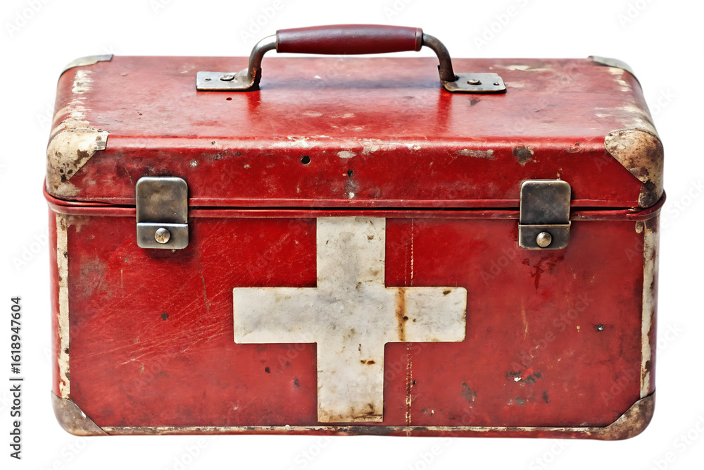 Vintage First Aid Kit: A weathered, red metal first aid kit with a ...