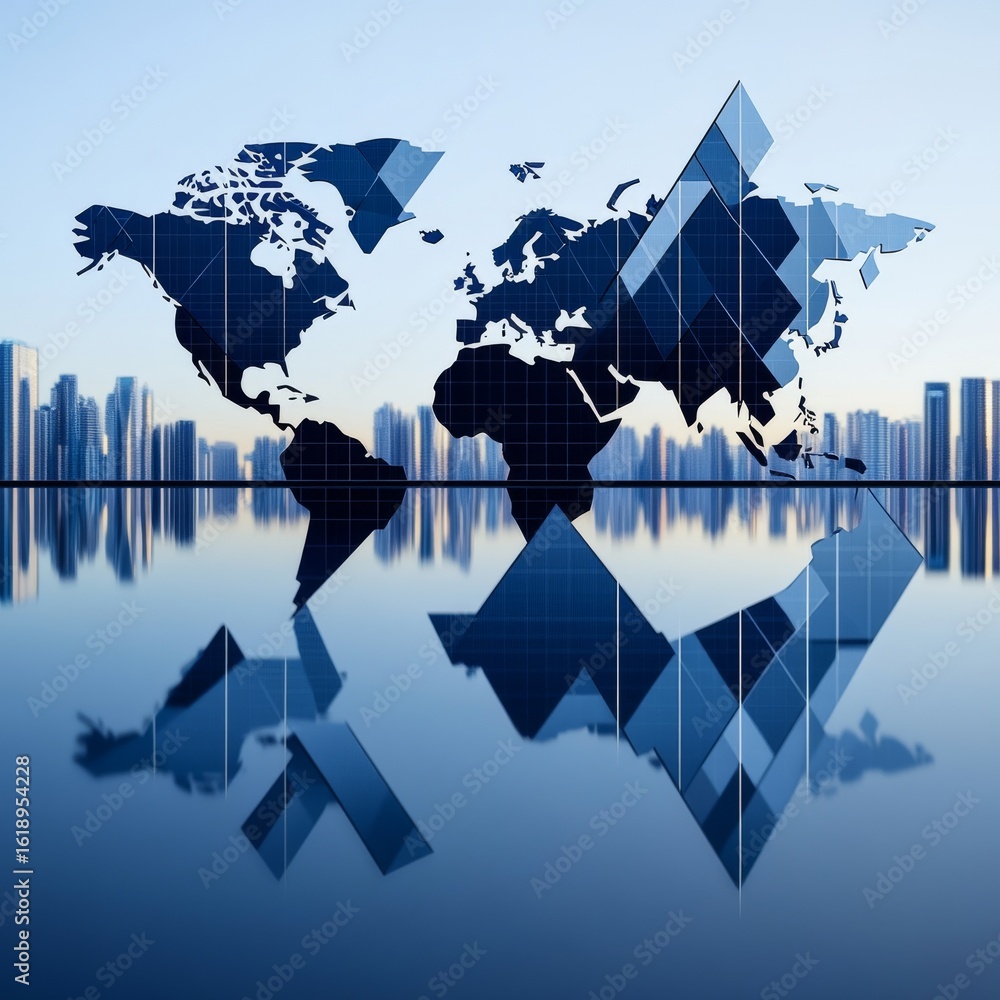 World Map Grid Reflection Over Skyline, Global , Business Stock Illustration | Adobe Stock