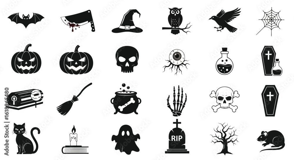 Halloween icons bat cleaver witch hat owl crow spider web pumpkin skull ...