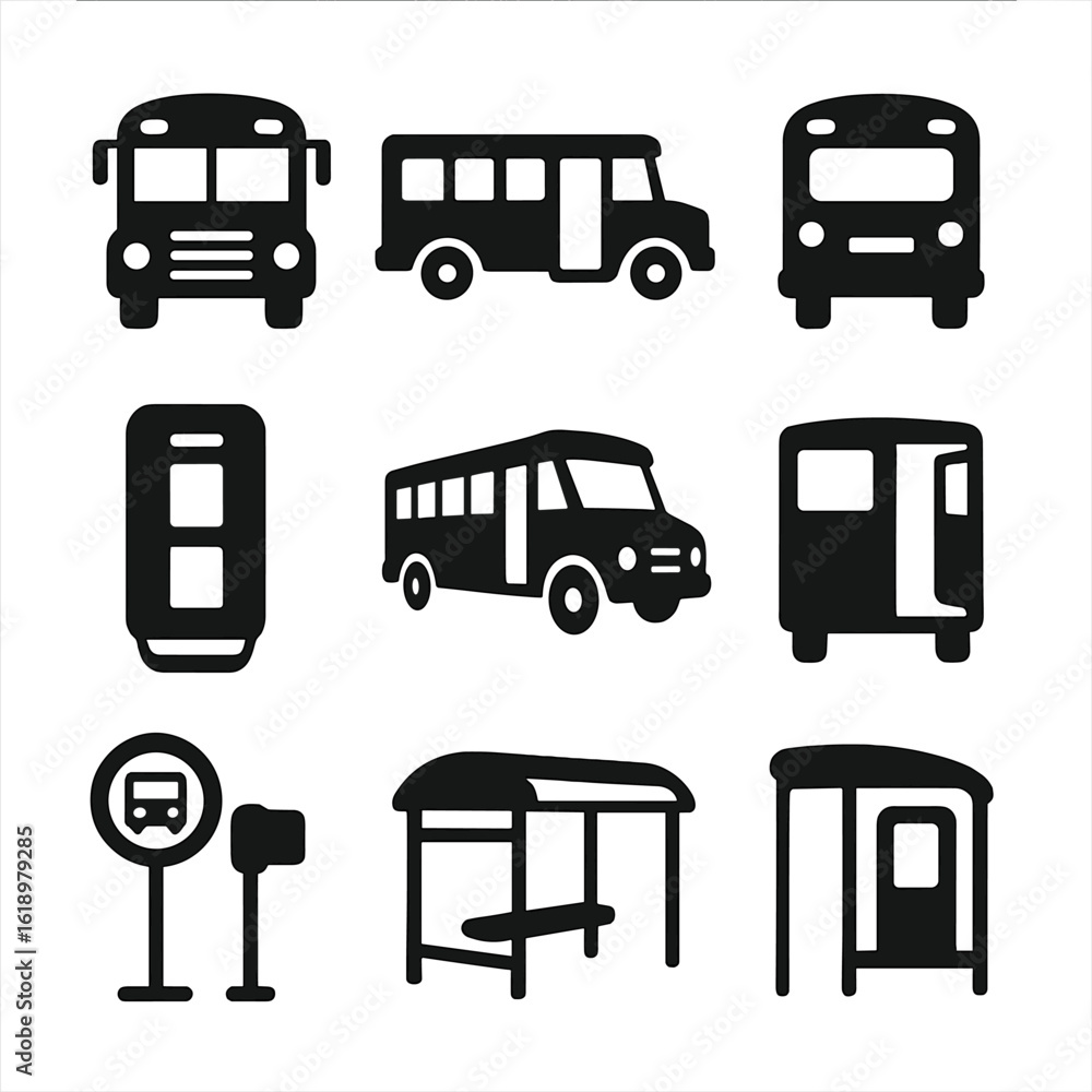 School Bus Icon Set. Solid, filled icon set of school bus exterior ...