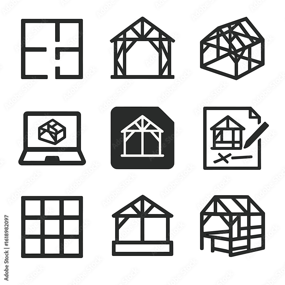 Timber Framing Icons. Solid, filled icon set of timber framing design ...