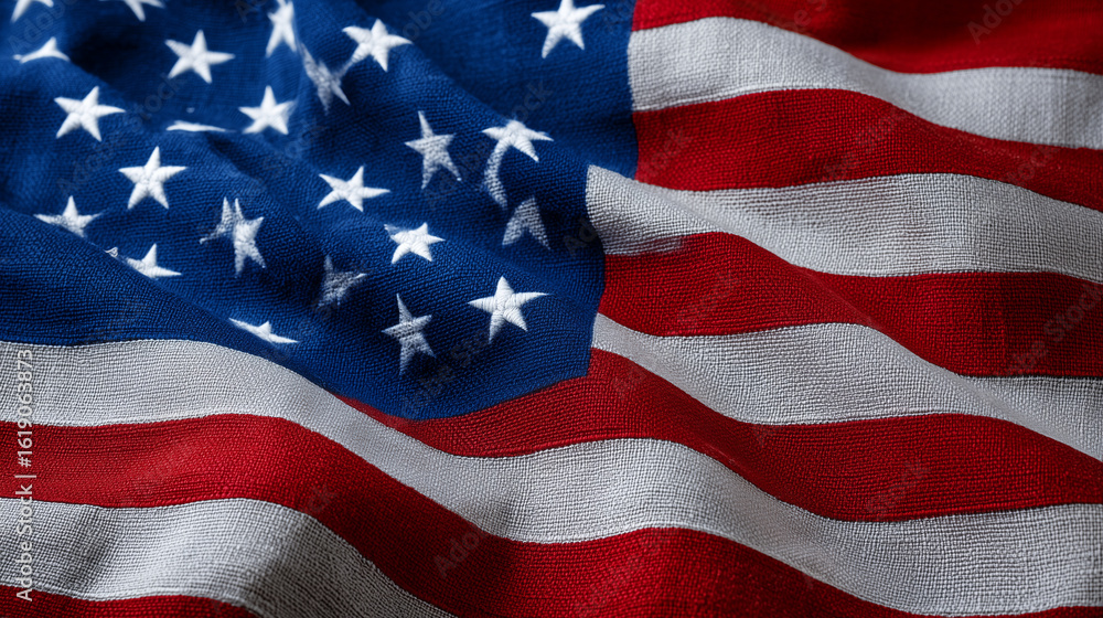 Full American flag displayed flat over plain gray background ...