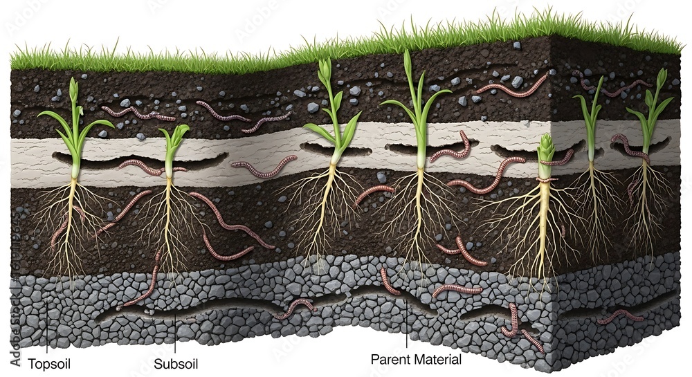 Ilustración de Stock Detailed Soil Profile Diagram: Earthworms, Plant ...