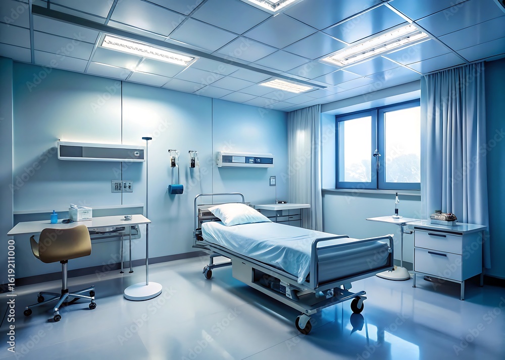 Empty hospital room with medical equipment and a patient bed ready ...