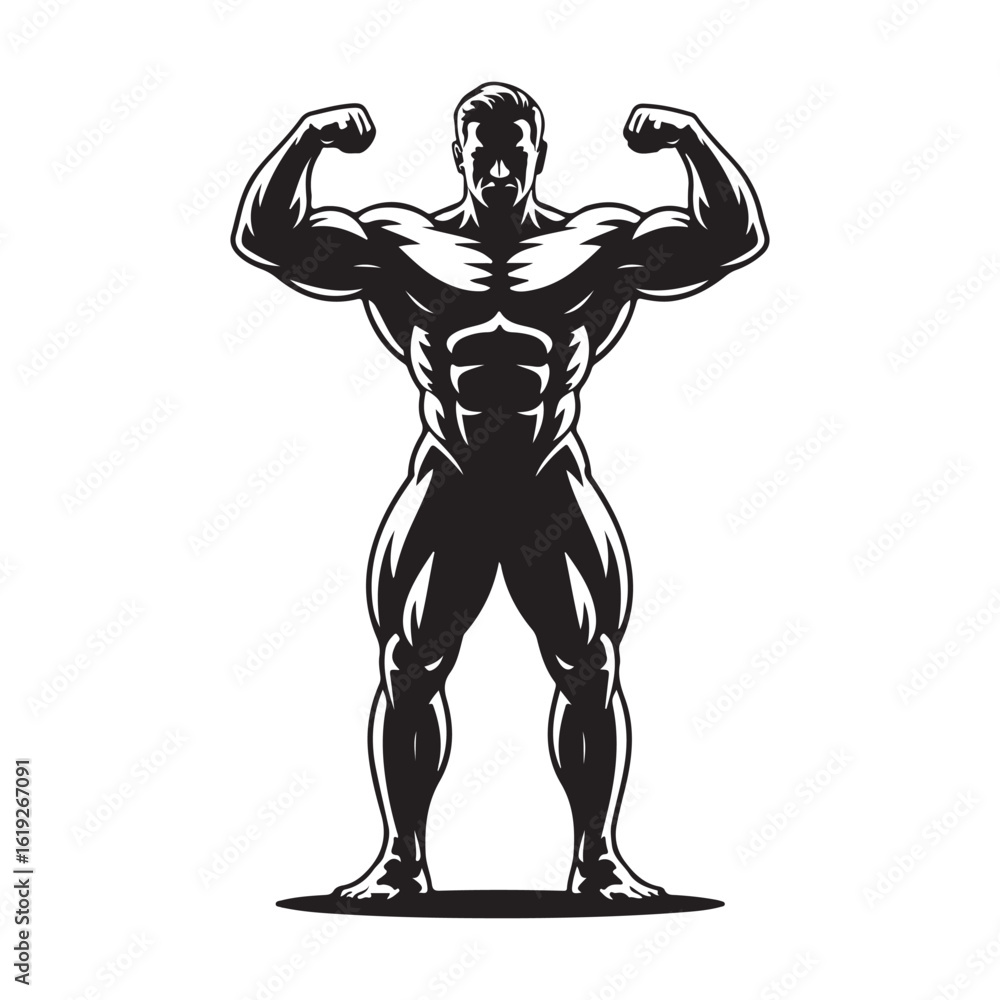Powerful muscular bodybuilder flexing biceps in a classic front double ...