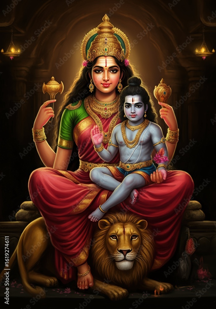 Illustration of hindu goddess lakshmi with baby krishna sitting on a ...