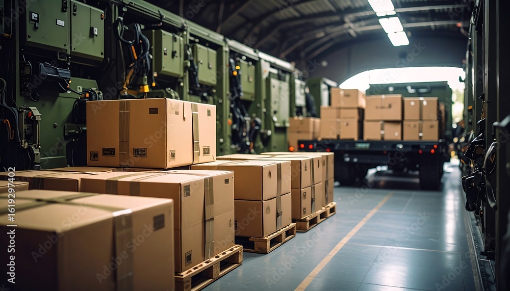 Cardboard boxes on pallets inside a warehouse, near a military vehicle ...