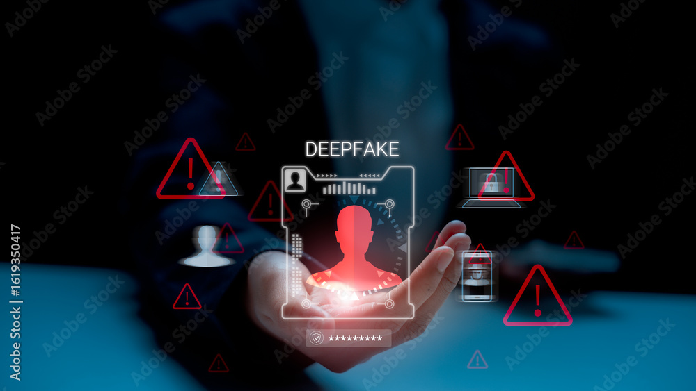 Digital warning about deepfake identity theft and cyber threats, with ...