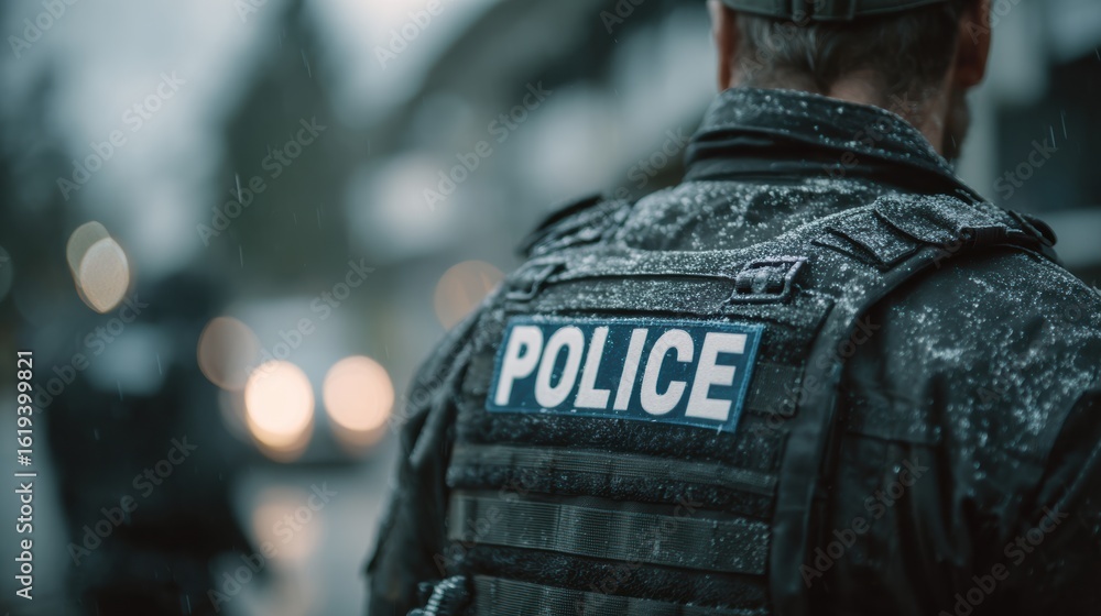 Stock-Foto „A police officer stands in the snow, wearing a tactical ...