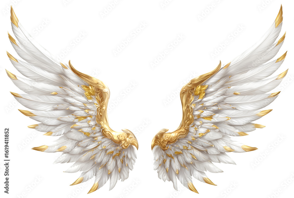 Ornate White and Gold Angel Wings with Detailed Feather Texture. Stock ...