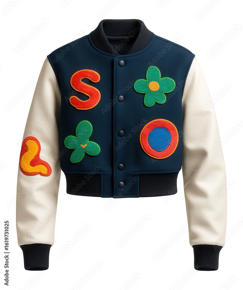 Cropped varsity jacket with embroidered patches and snap buttons Stock ...