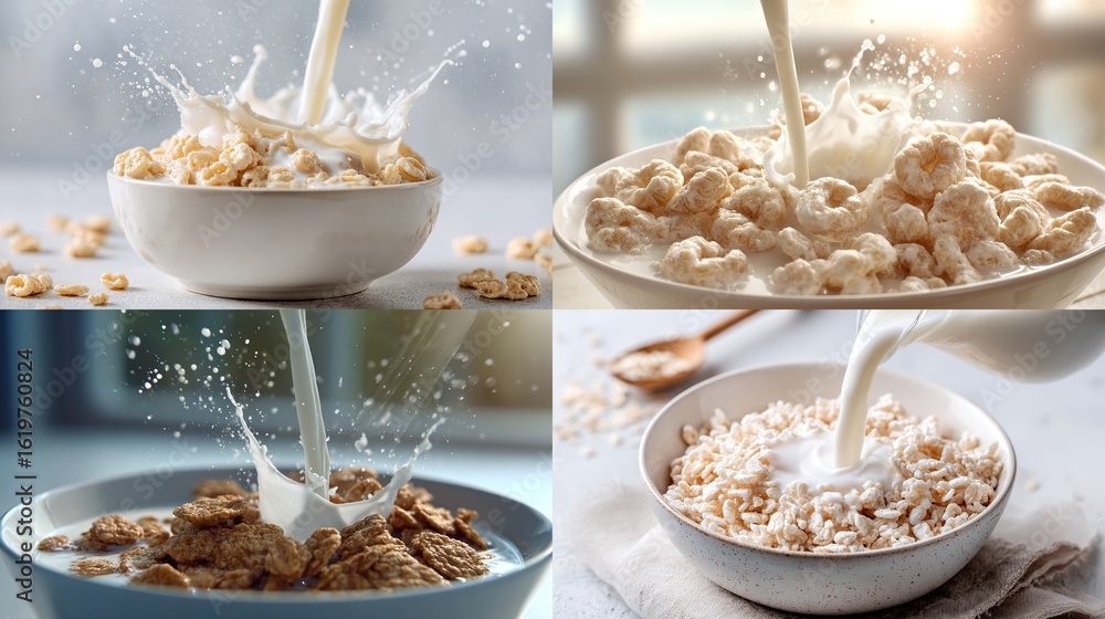 Four images of cereal and milk, showing milk being poured over various ...