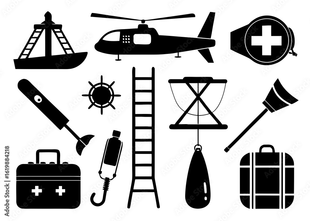 Set of seven black vector silhouette emergency rescue symbols including ...
