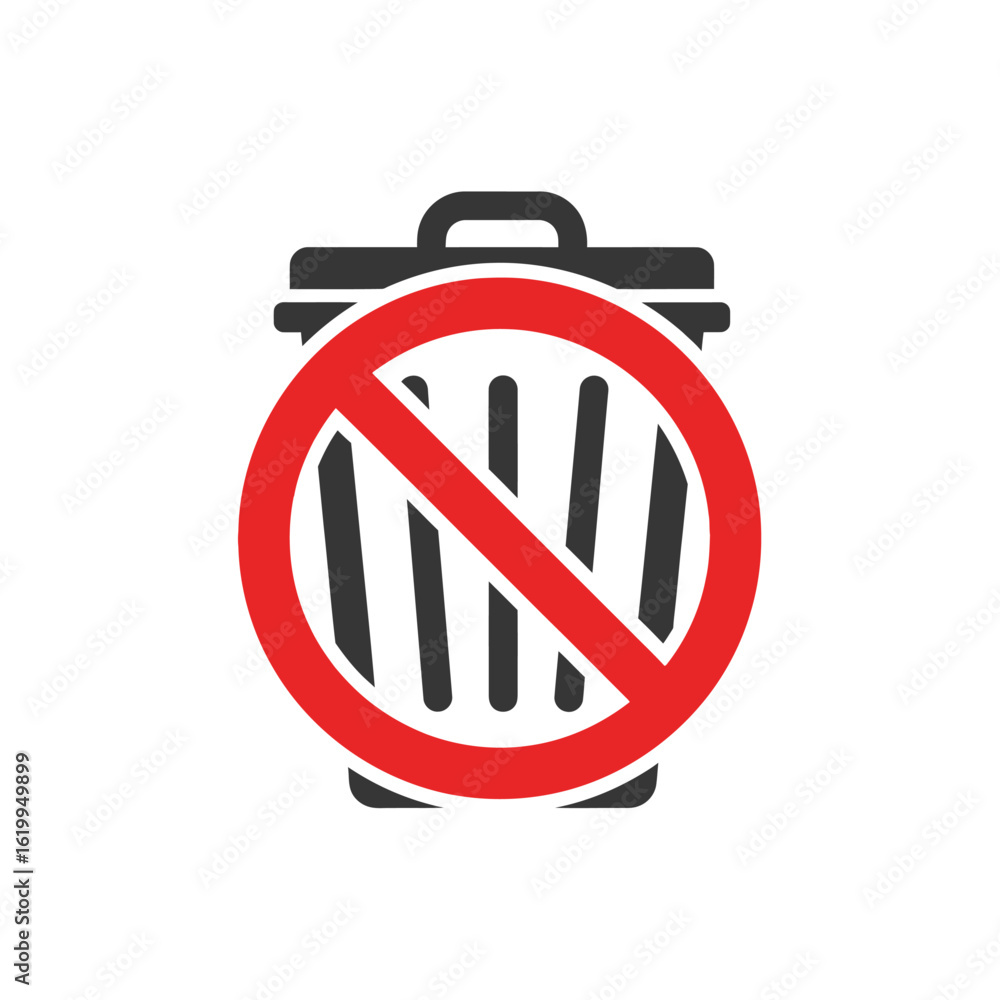 No trash can icon, do not litter sign. Red prohibition symbol over a ...