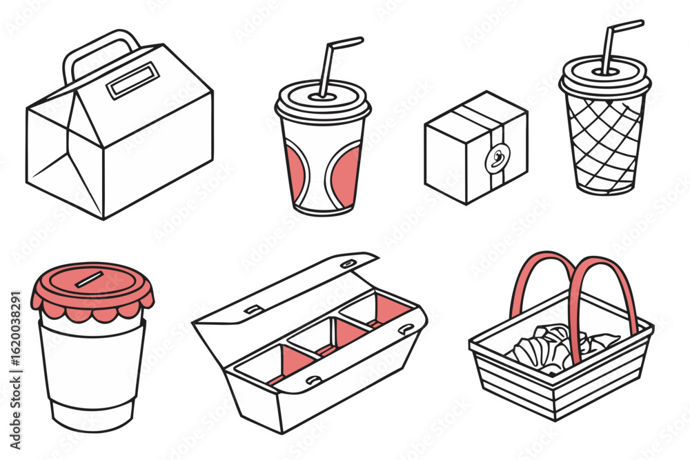 Isometric line art illustration set of food packaging containers for ...