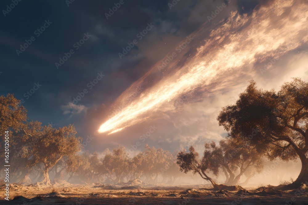 Meteorite impact in a prehistoric forest as a fiery object descends ...