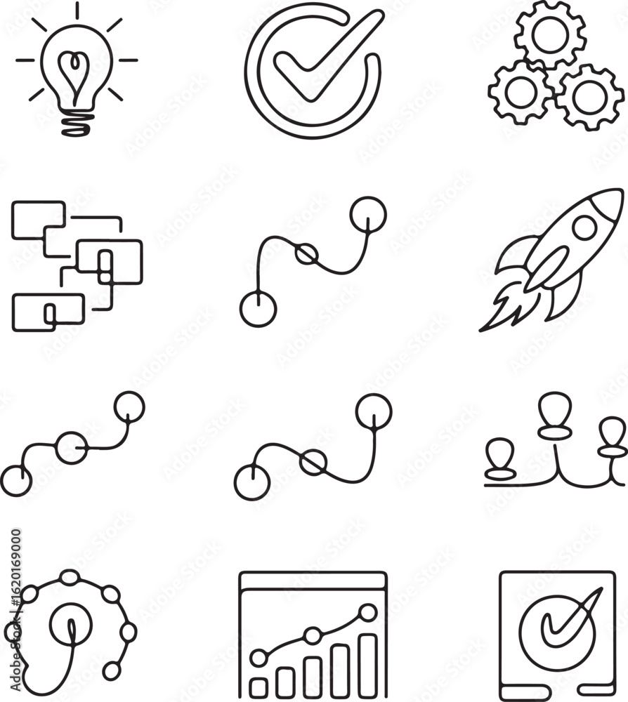 Startup, process, icon, set, continuous, line, art, vector, black ...
