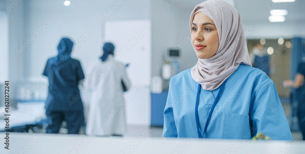 Female hospital receptionist wearing hijab at front desk – diversity ...