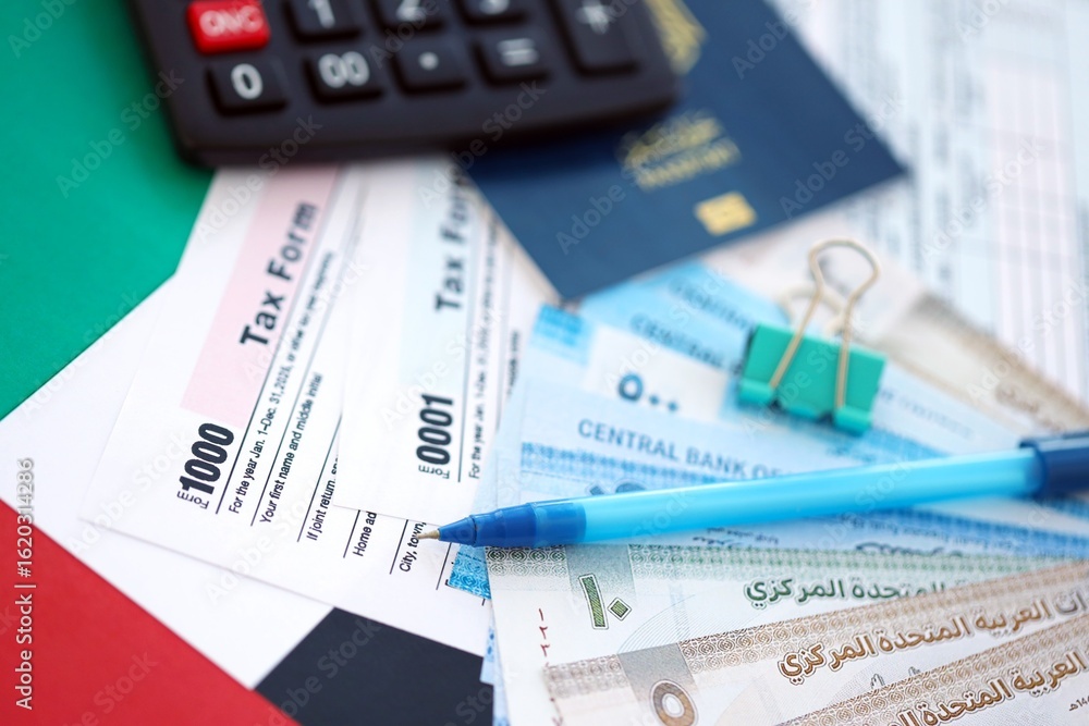 United Arab Emirates dirham money bills and calculator with tax form on ...