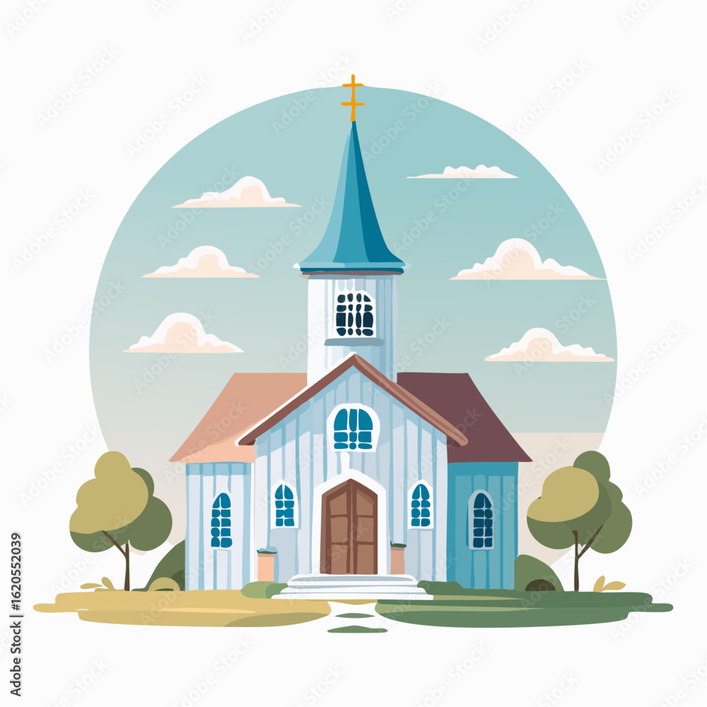 Cartoon illustration of a church with a steeple and surrounding trees ...