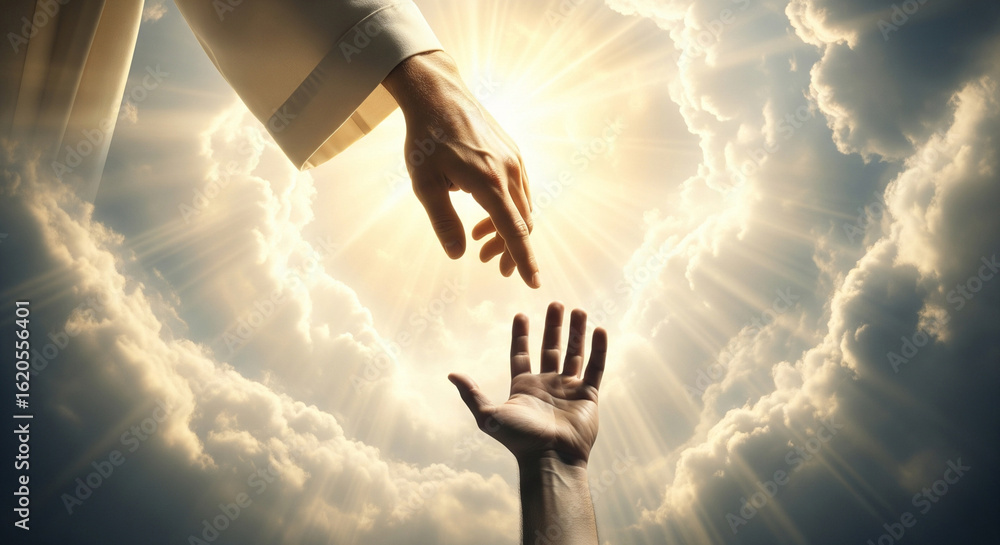 Close-up of Jesus' hand reaching out from the sky, saving the hand of a ...
