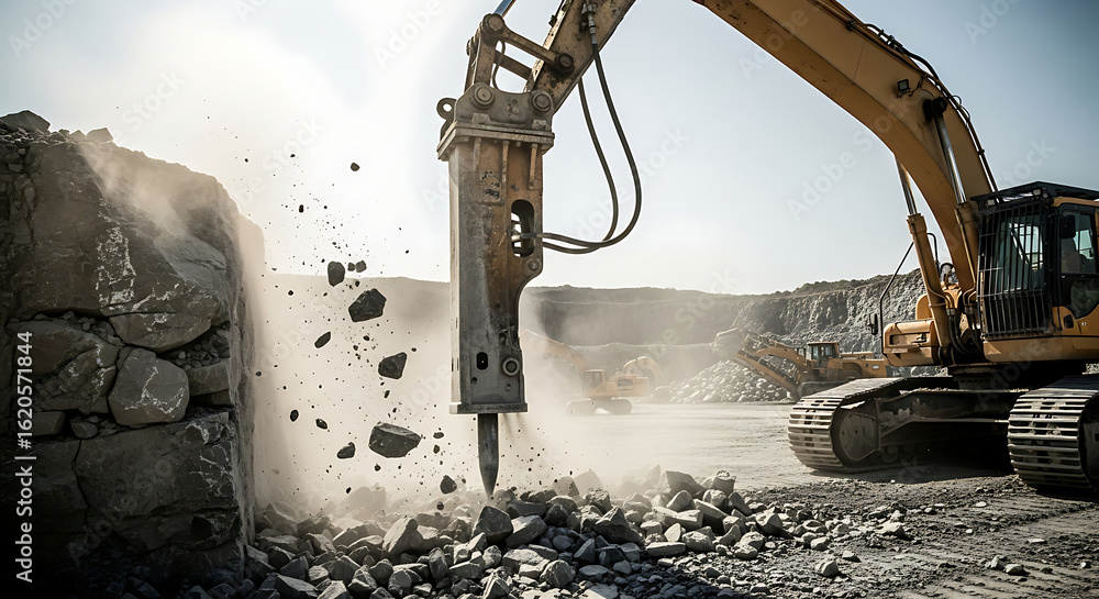 A large hydraulic breaker relentlessly breaks down a rock face in a ...