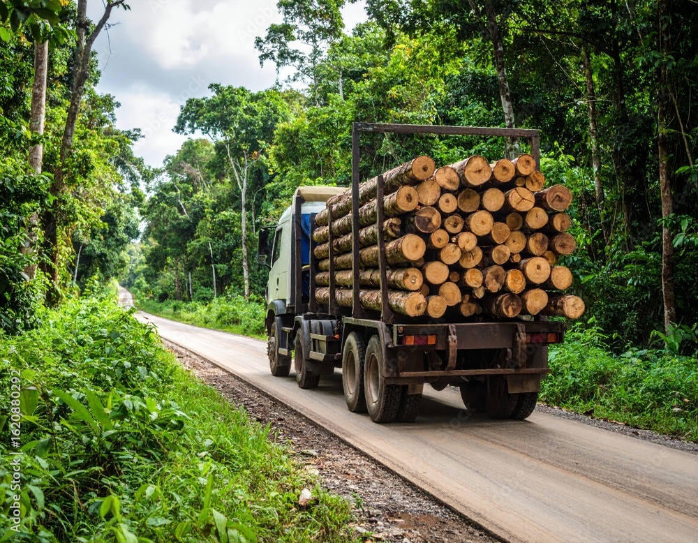 Foto Logging truck transporting timber through amazon rainforest ...
