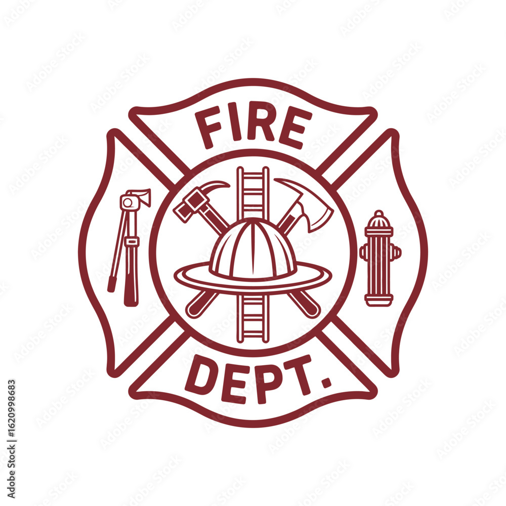Fire Department Maltese Cross Emblem with Firefighting Tools and ...