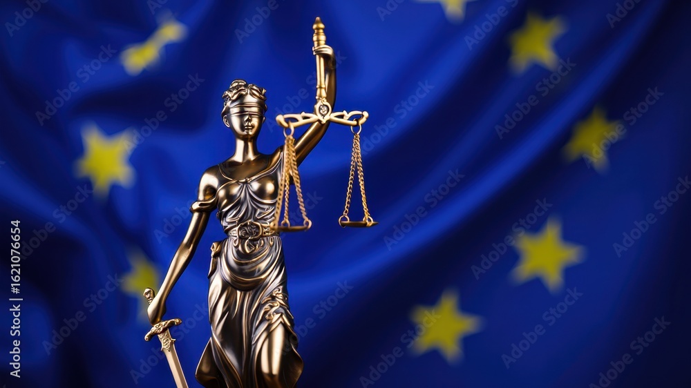Lady Justice with European Union flag, legal system symbol, EU law and ...